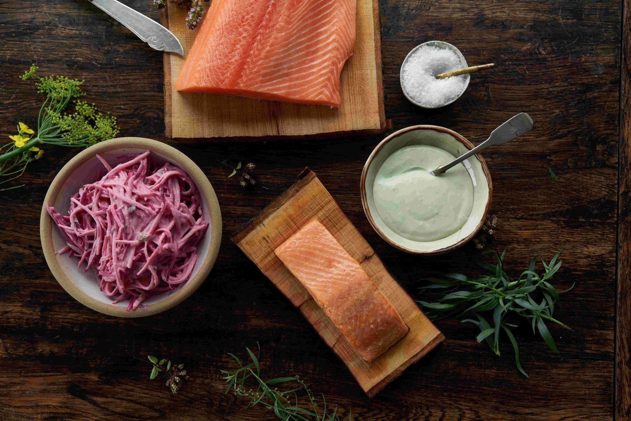 Planked Akaroa Salmon with Remoulade & Sorrel Aioli